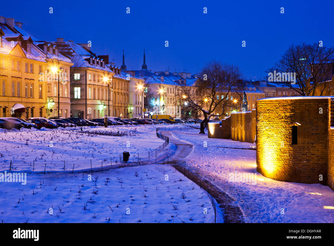 Winter twilight outside the walls of the Old Town in Warsaw Stock Photo ...