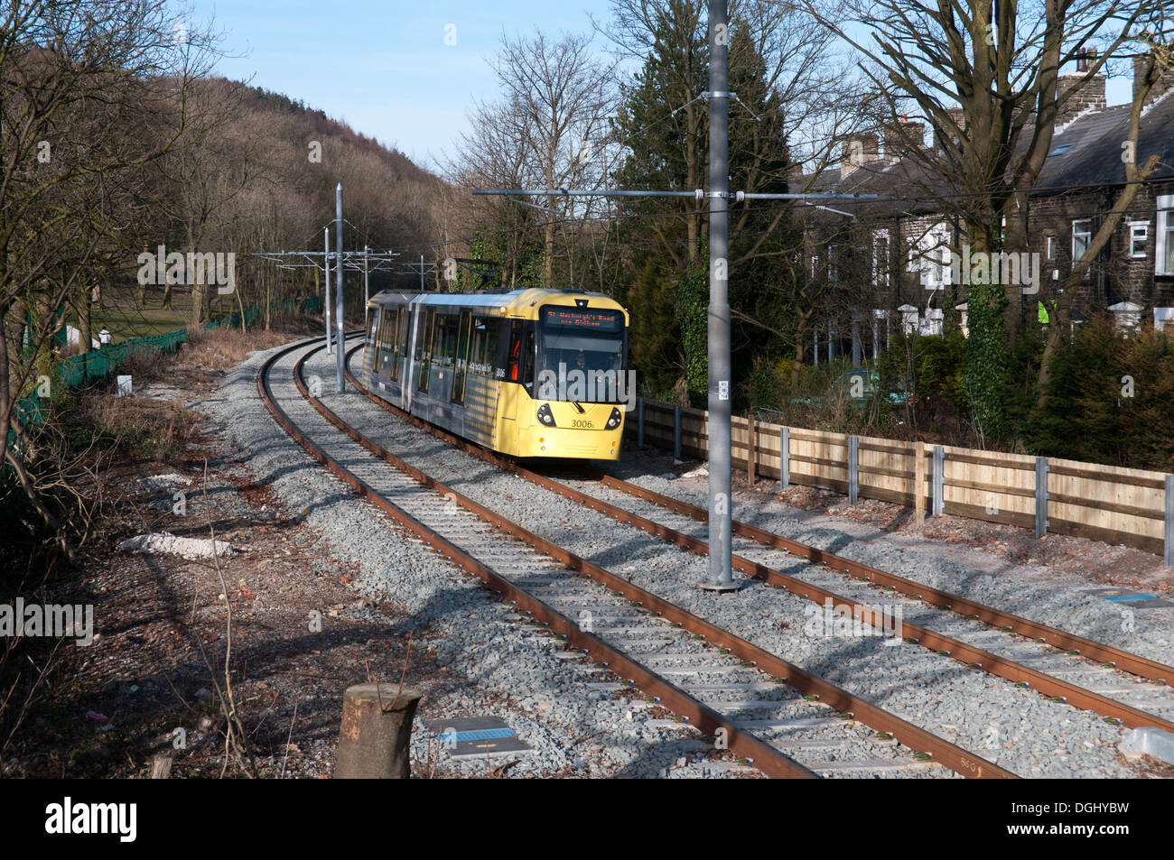 Metrolink tram on the Oldham-Rochdale line just north of Shaw, Oldham ...