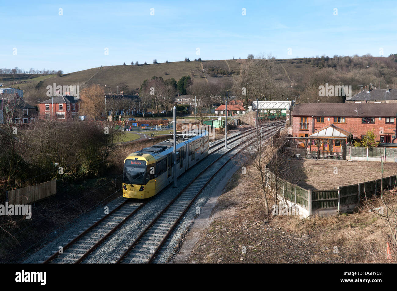 Metrolink tram on the Oldham-Rochdale line just north of Shaw, Oldham ...