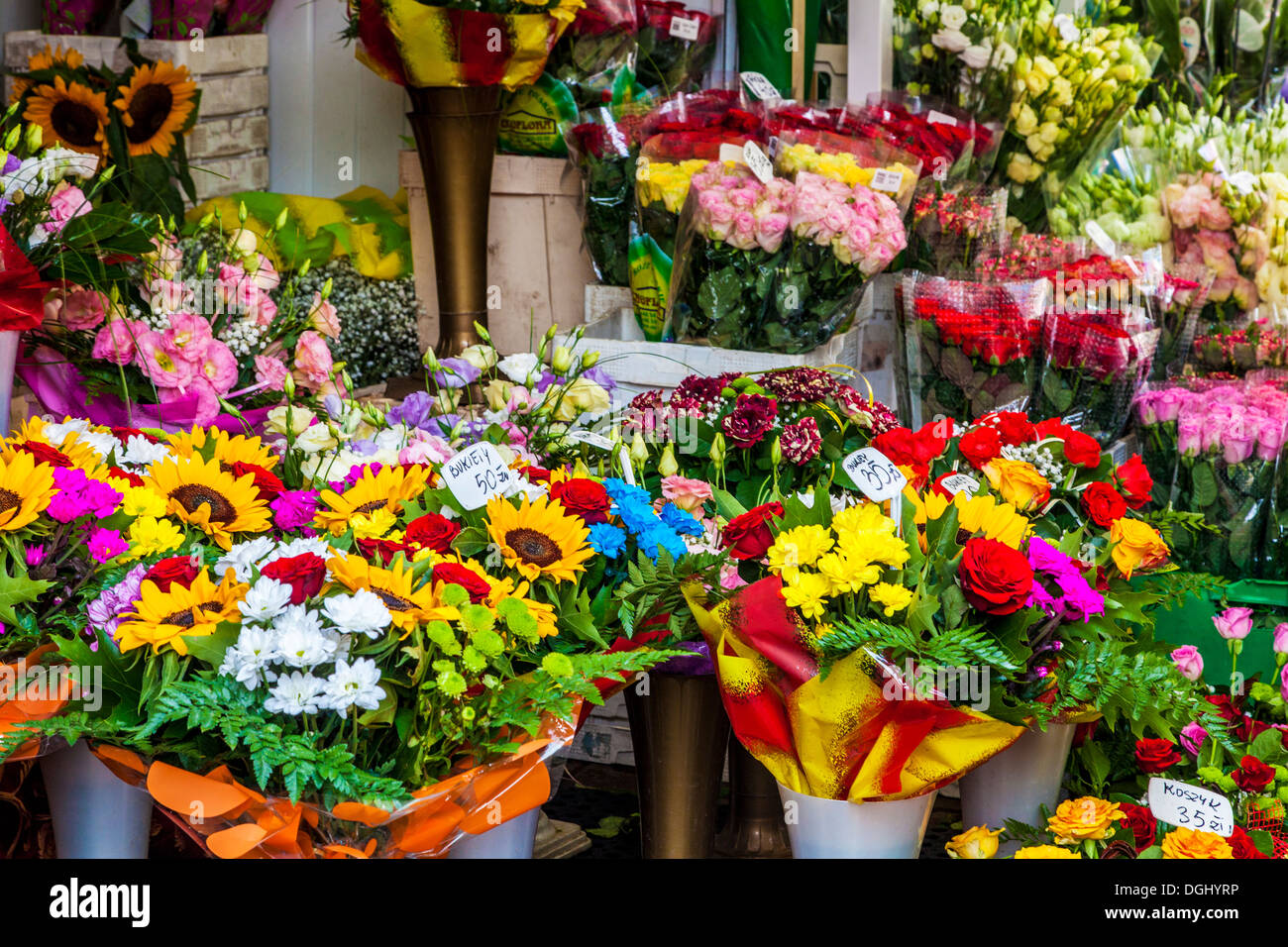 Close up detail of a flower stall outside Hala Mirowska market in ...