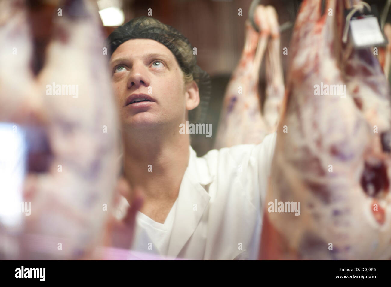 Butcher inspecting meat Stock Photo - Alamy