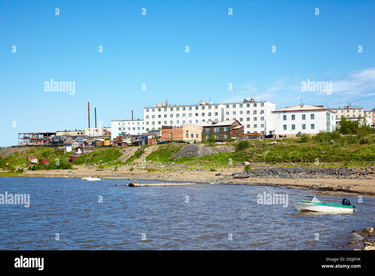 Siberian river Kolyma near urban settlement Chersky in Nizhnekolymsky ...