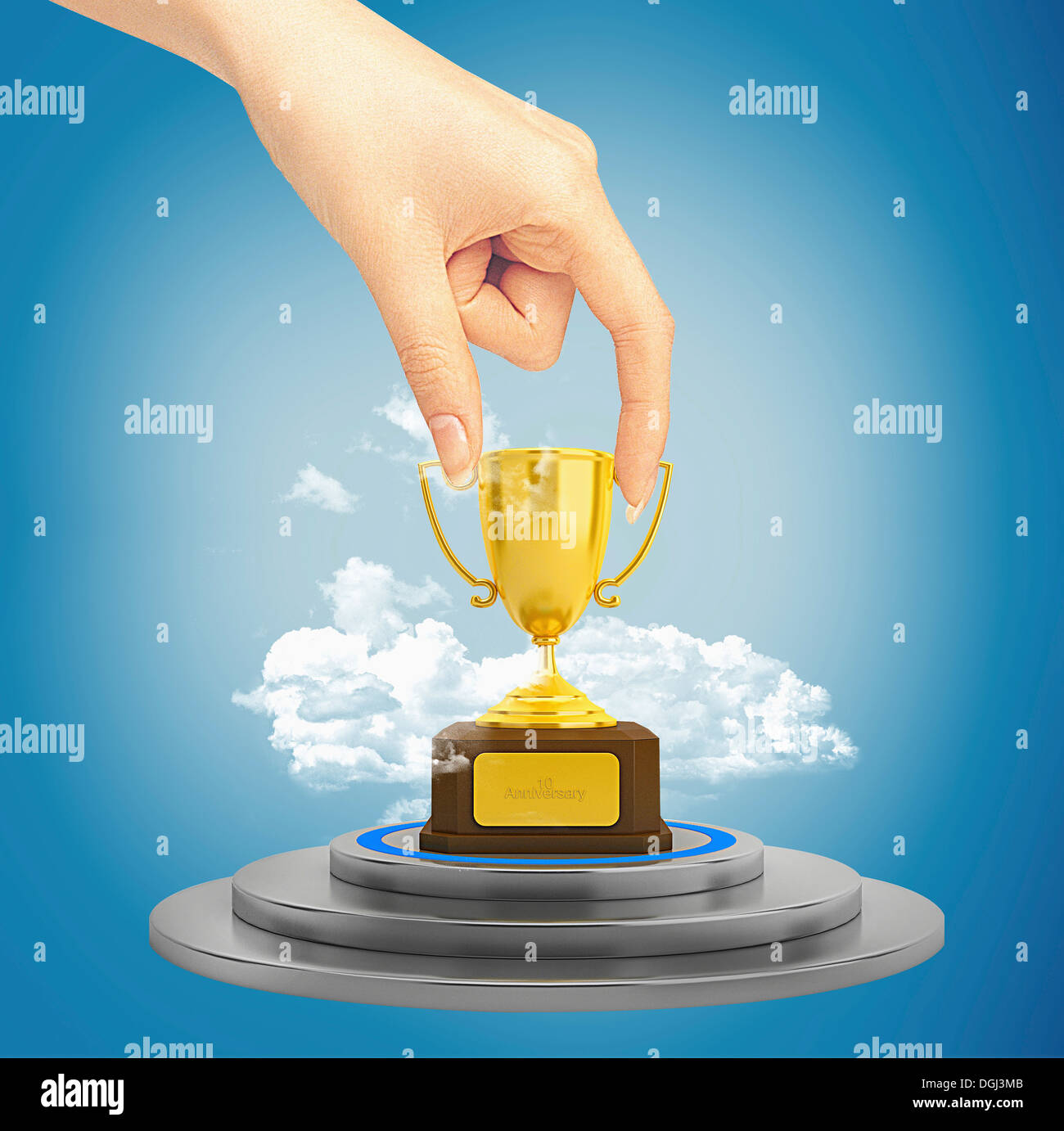an illustration of a hand holding a trophy Stock Photo - Alamy