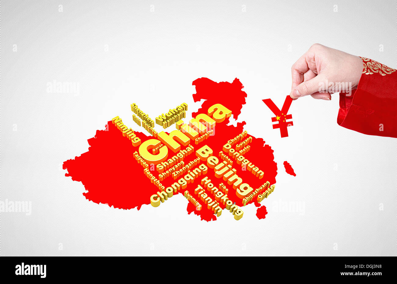 a hand holding the yuan sign in front of the map of china Stock Photo ...