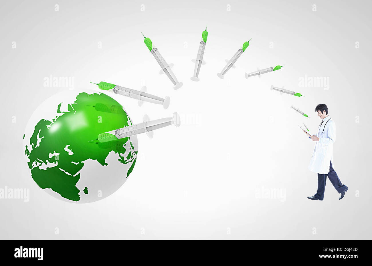 a doctor and several injection needles next to the globe Stock Photo ...
