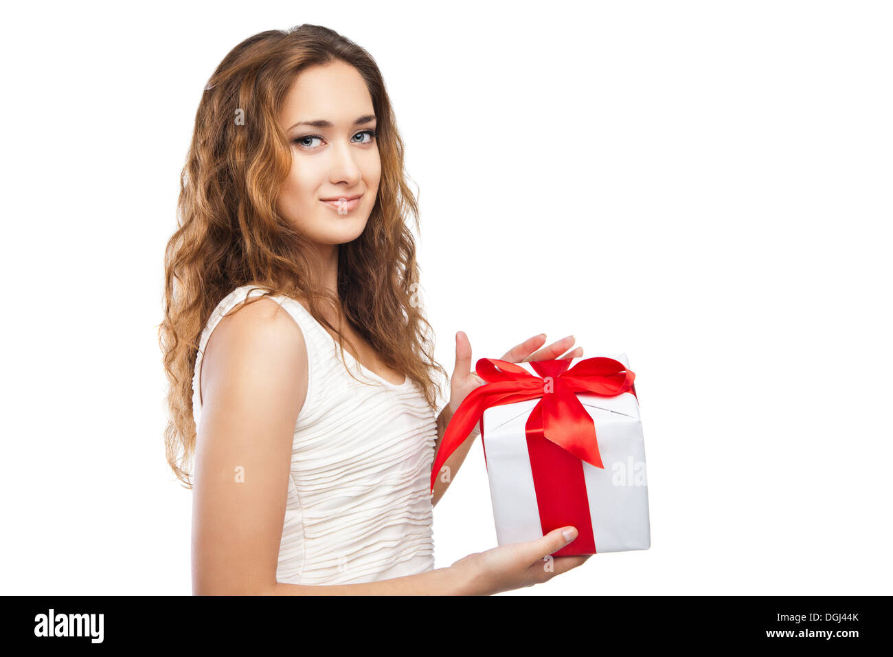 Beautiful Christmas woman with present isolated Stock Photo - Alamy