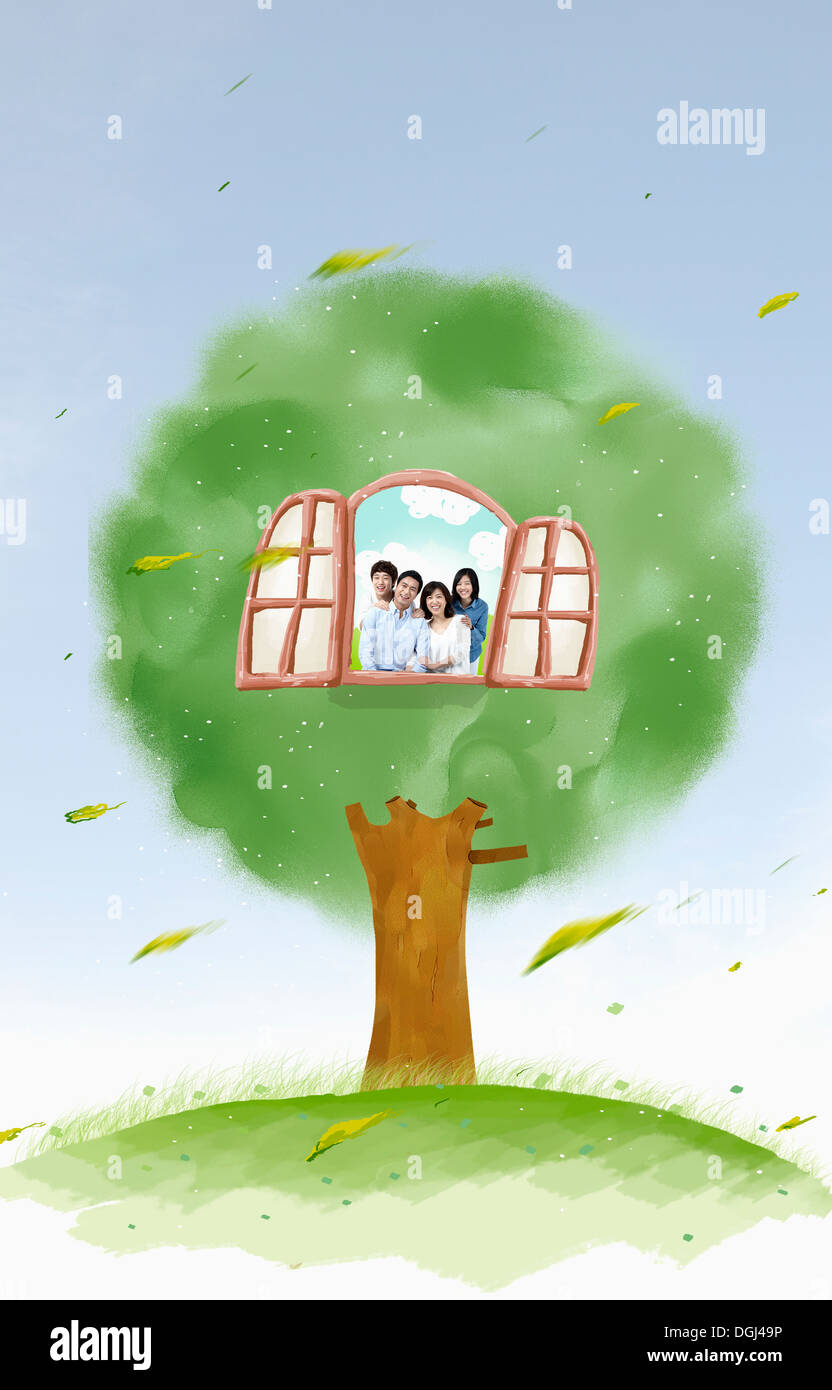 a family sitting in a tree with a window Stock Photo - Alamy