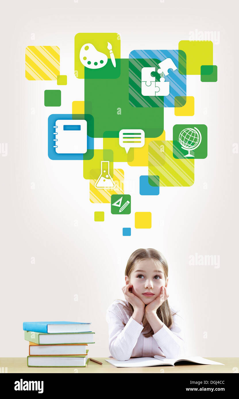 a girl studying with icons on top of her Stock Photo - Alamy