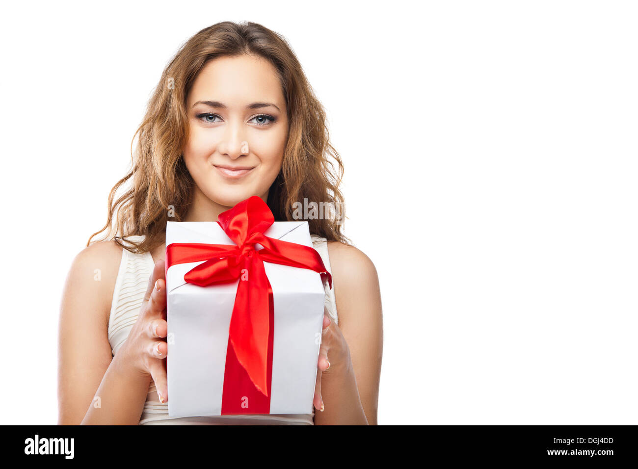 Beautiful Christmas woman with present isolated Stock Photo - Alamy