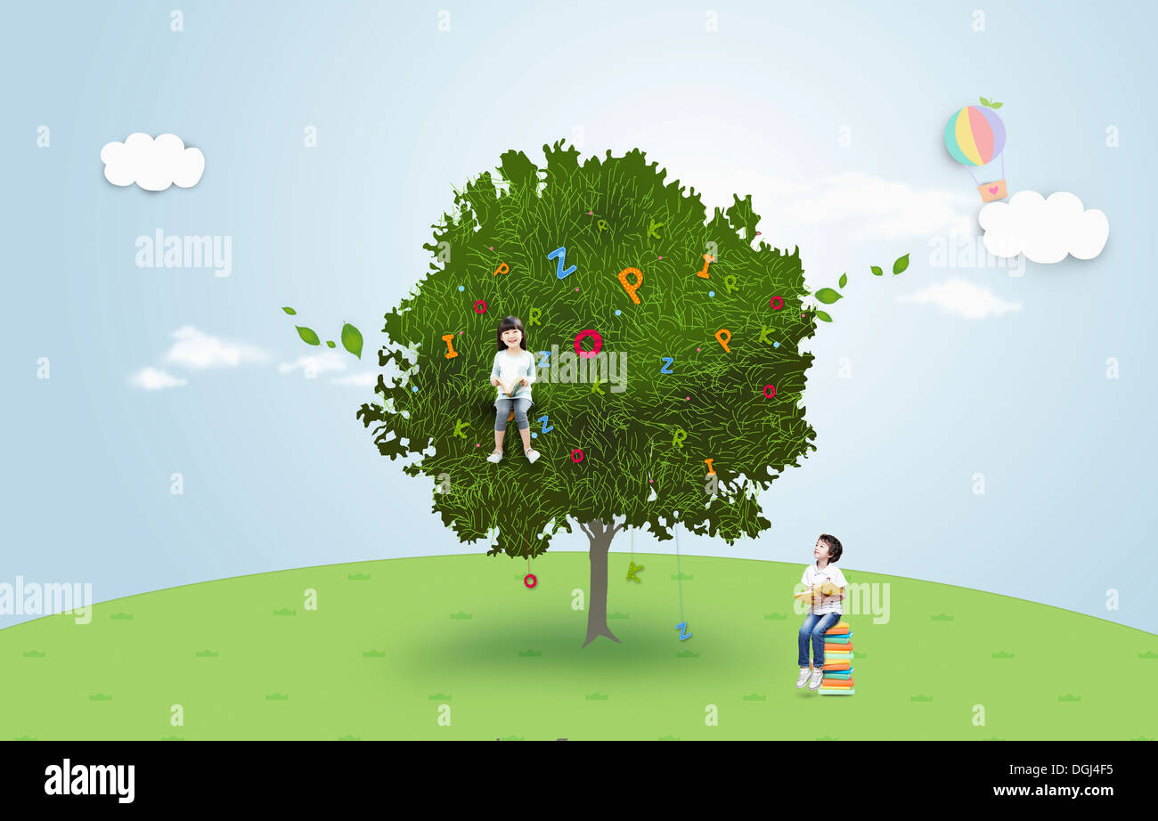 kids around a tree with alphabets Stock Photo - Alamy