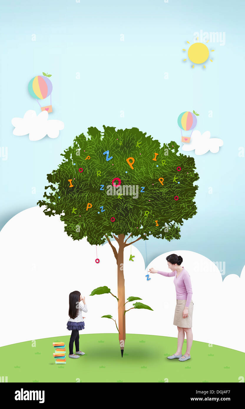 a mother and a daughter around a tree with alphabets Stock Photo - Alamy