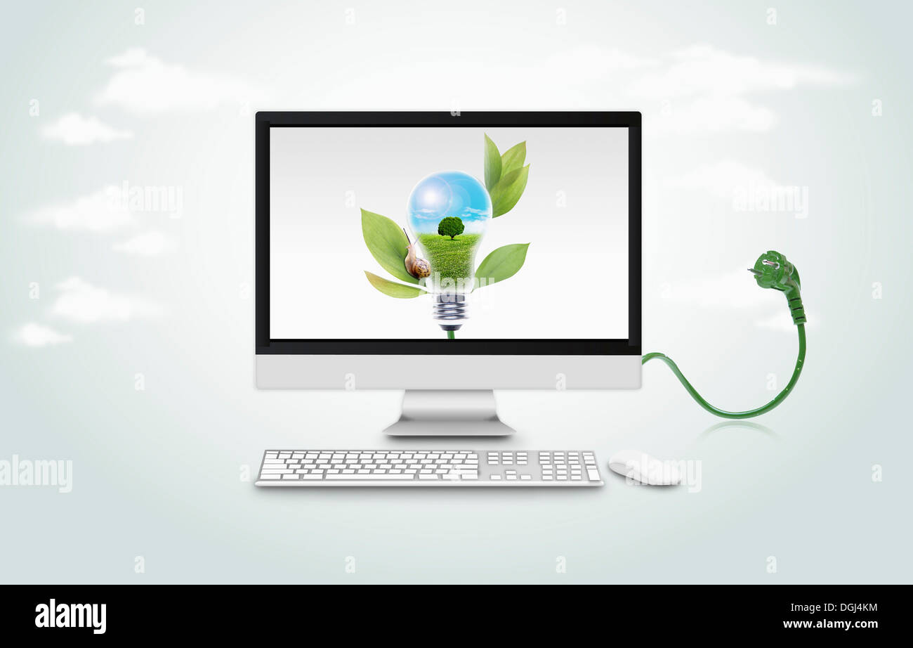 a computer screen with leaves and a light bulb Stock Photo - Alamy
