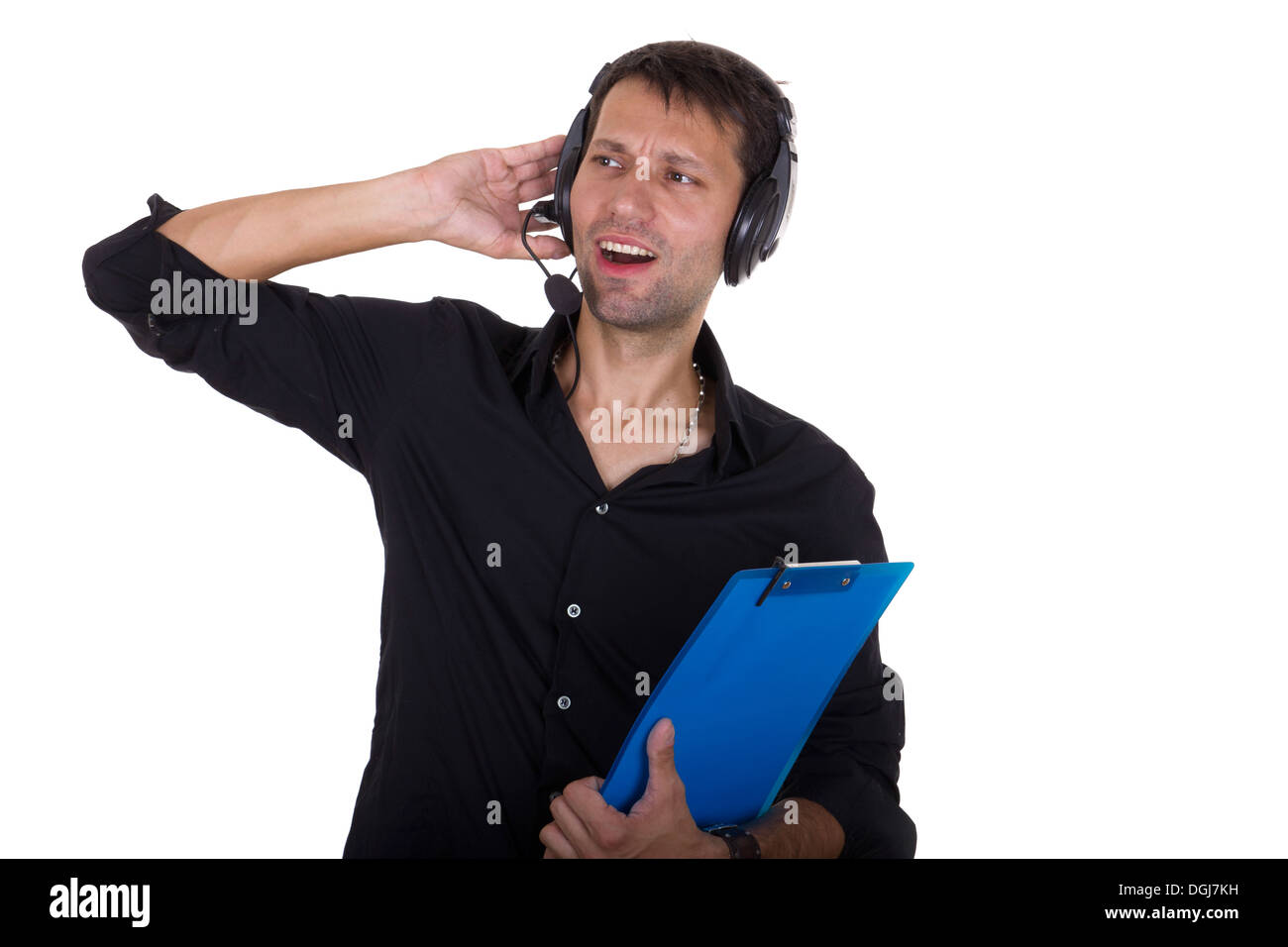 busy assistant with headphones and microphone Stock Photo - Alamy
