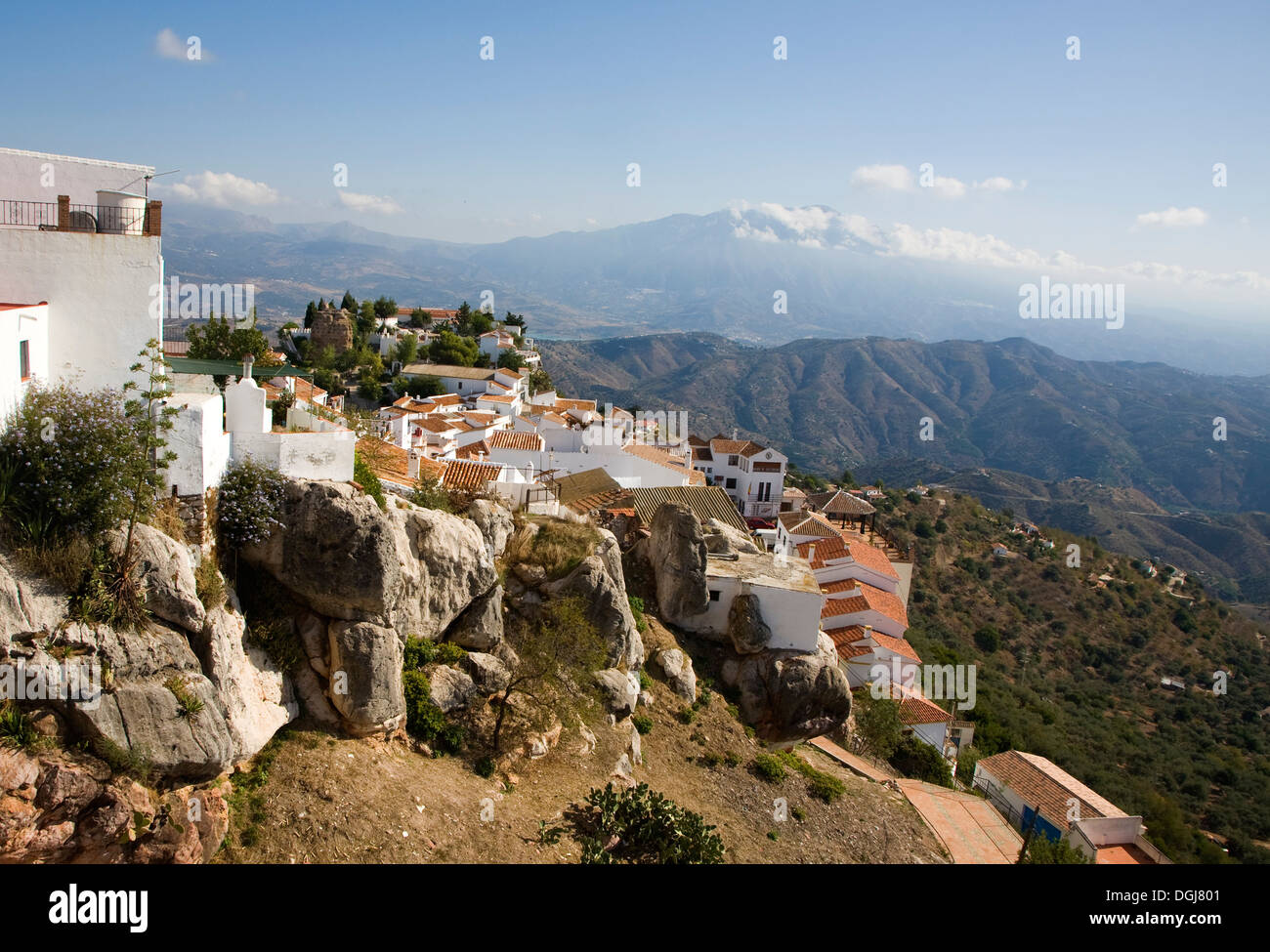 View of the mountain top Moorish village of Comares, Malaga province ...