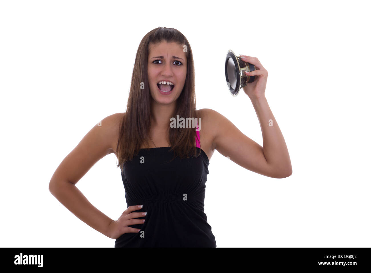 girl and speaker noise on white background Stock Photo - Alamy