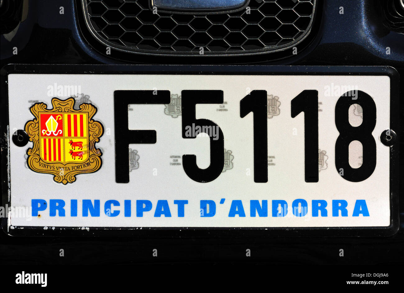 Car license plate with the coat of arms of Andorra, Andorra La Vella ...