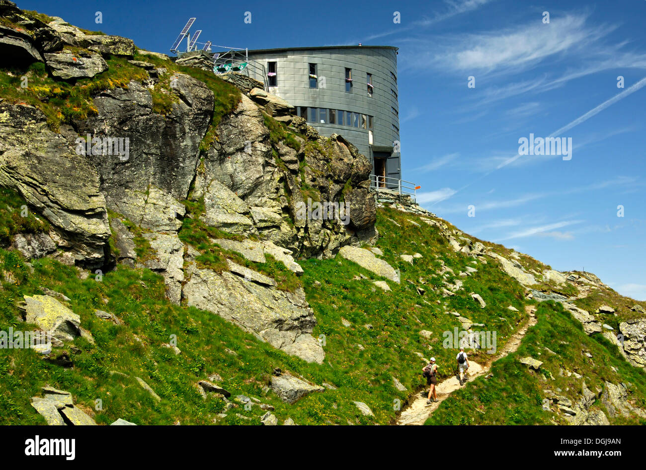 Hiker at Velan Hut, Cabane du Velan, of the Swiss Alpine Club, SAC ...