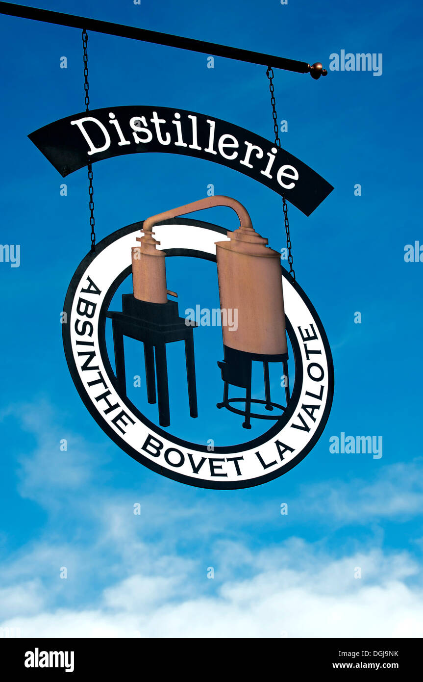 Hanging sign of the absinthe distillery Bovet La Valote, Motiers, Val ...