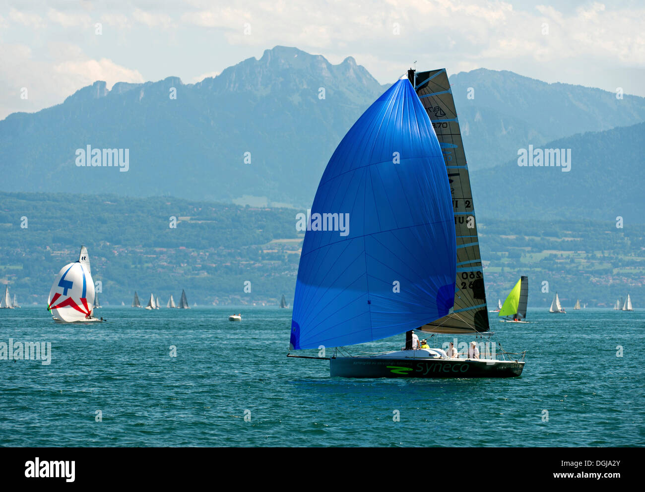 Sailboat of the Luthi 870 type with spinnaker headsail on Lake Geneva ...