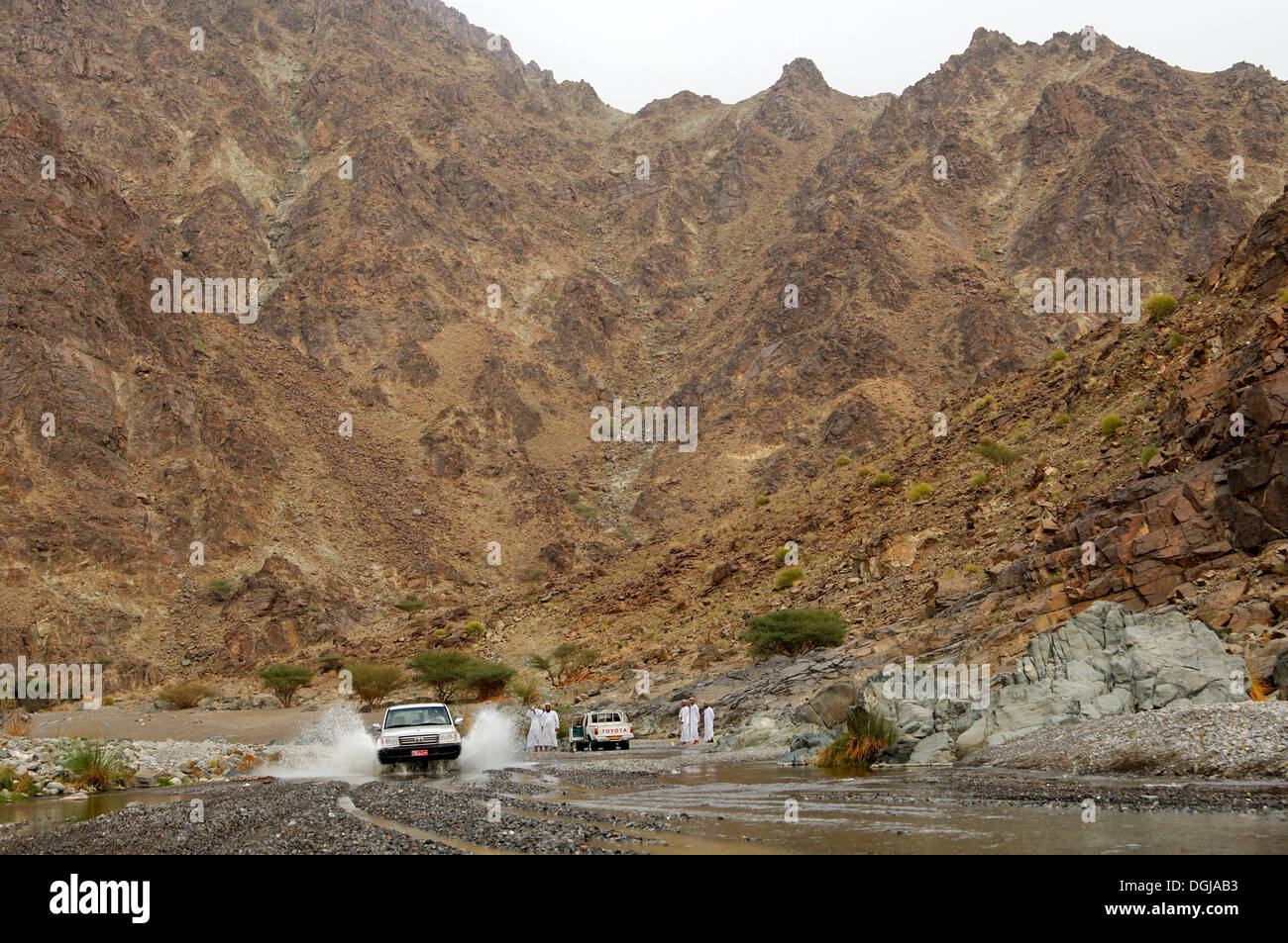 Wadi-bashing, Toyota all-terrain vehicle racing through puddles of ...