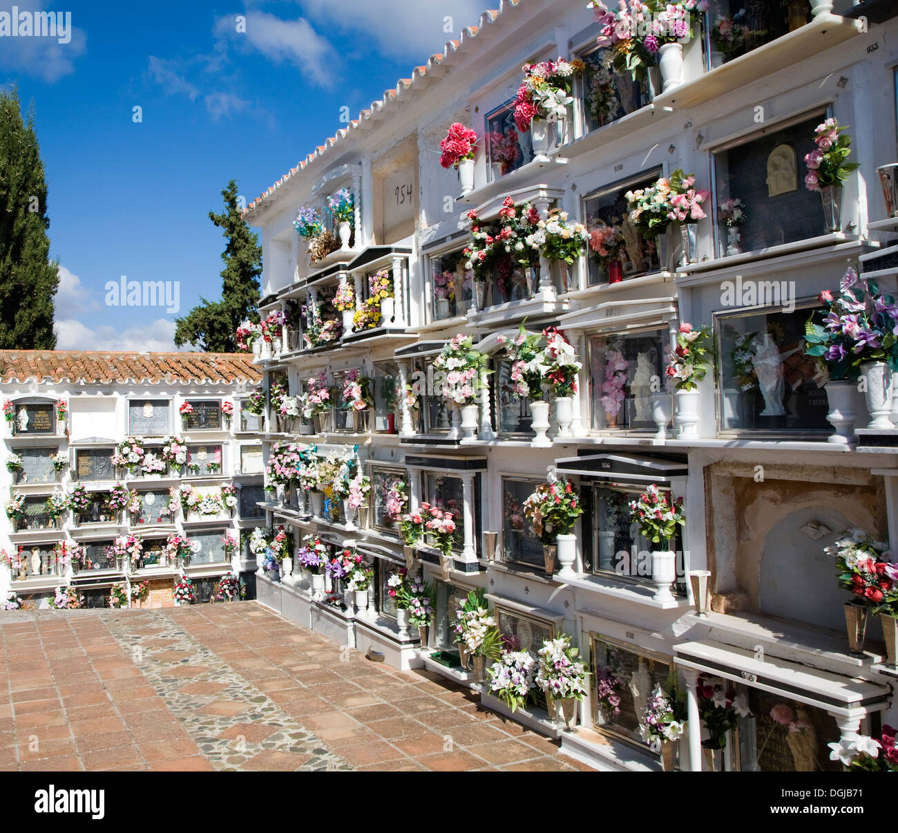 Cemetery decorated with flowers Comares, Malaga province, Spain Stock ...