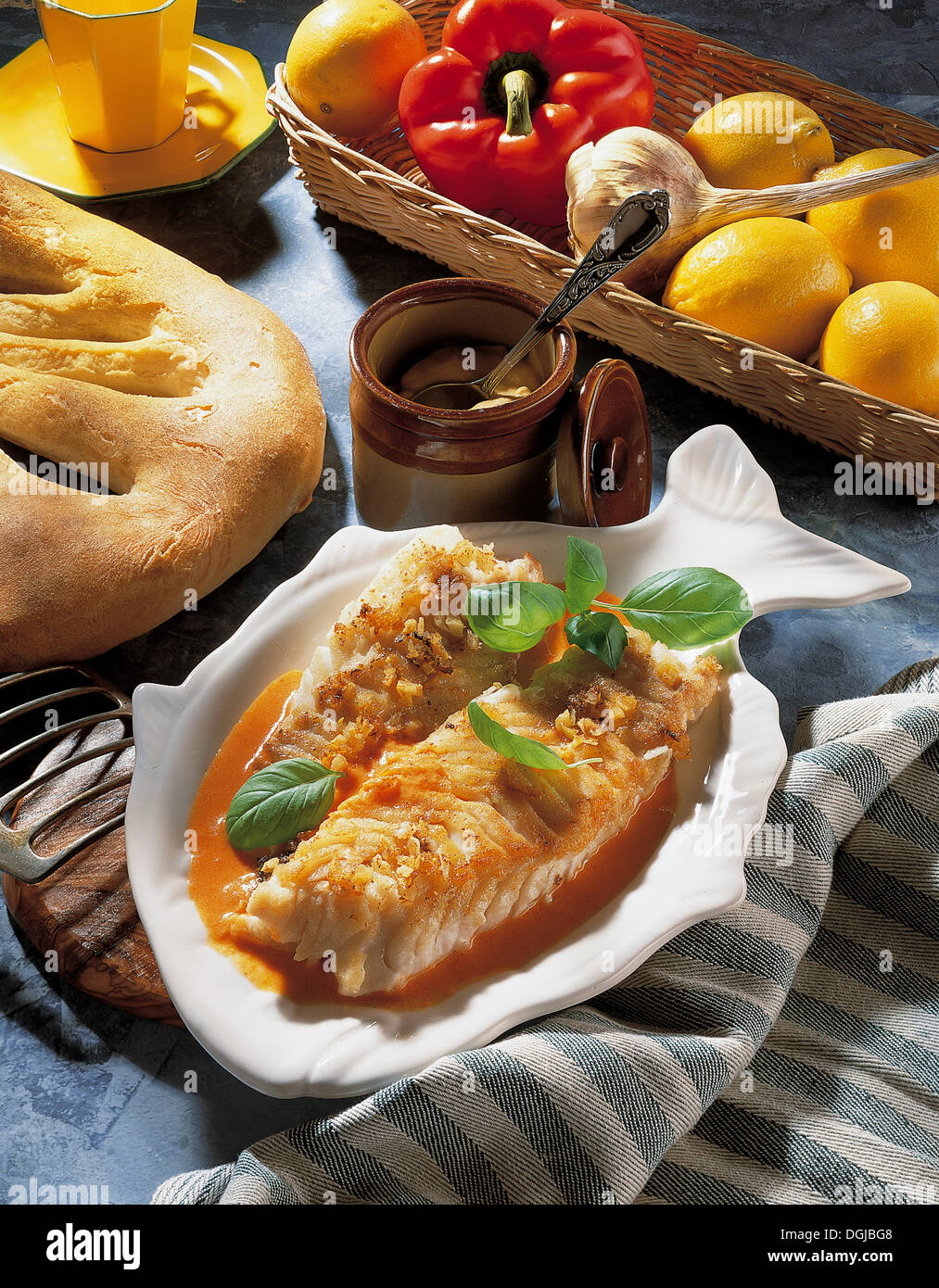 Cod in red pepper sauce, France Stock Photo - Alamy