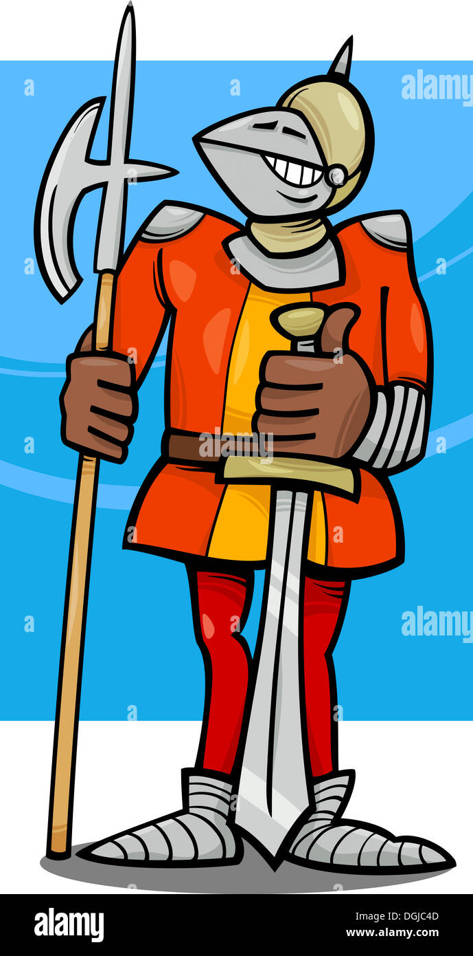 Cartoon Illustration of Funny Knight in Armor with Sword and Halberd ...