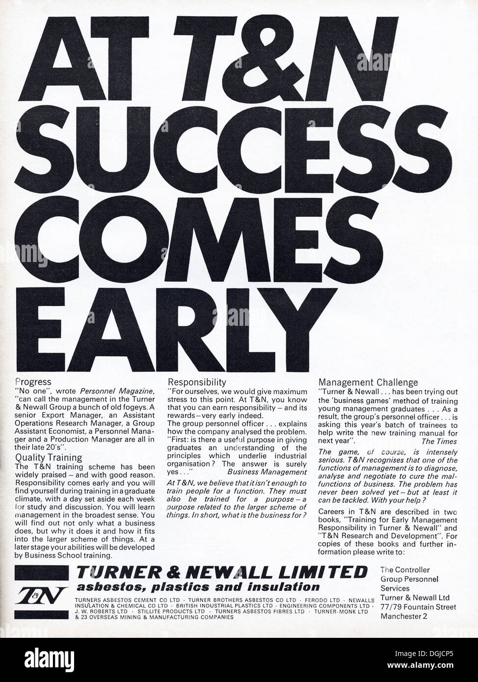 Advertisement advertising TURNER & NEWALL LIMITED careers in asbestos ...