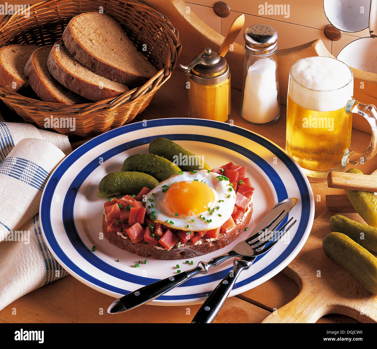 Strammer Max, bread with fried egg and bacon, Germany Stock Photo - Alamy