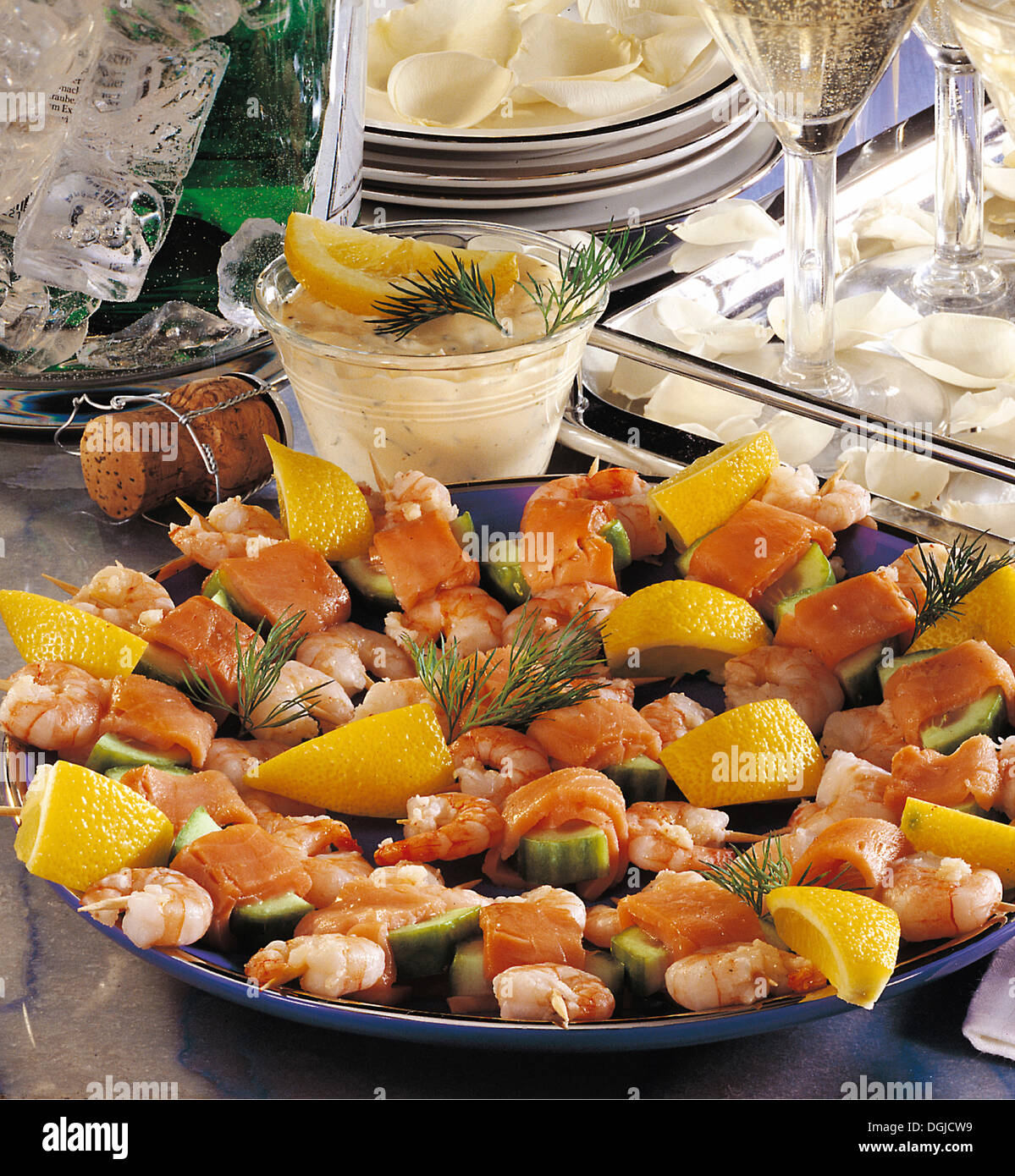 Shrimp and salmon skewers with dill mayonnaise, Norway Stock Photo - Alamy