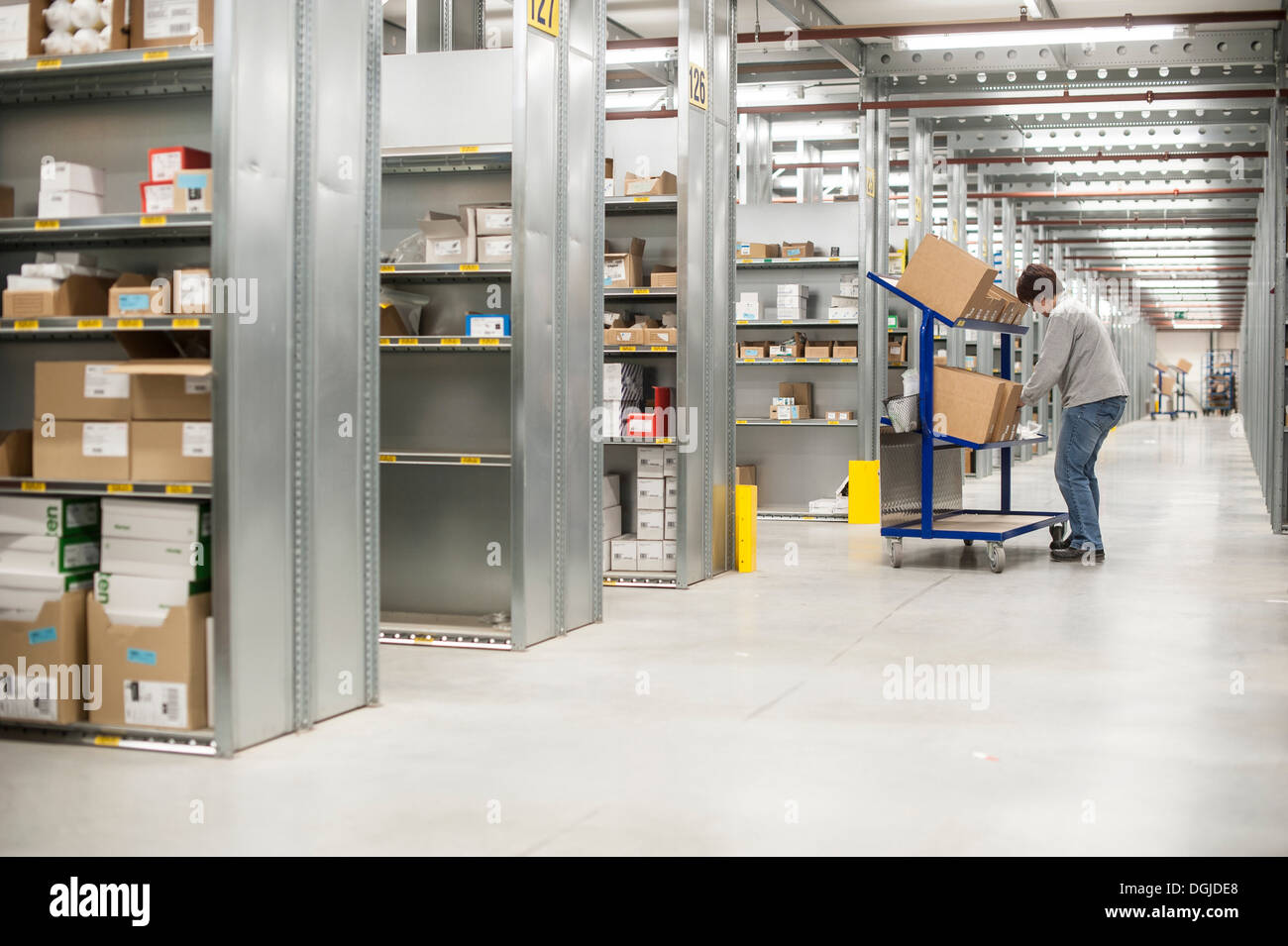 Female warehouse worker collecting orders on delivery trolley Stock ...