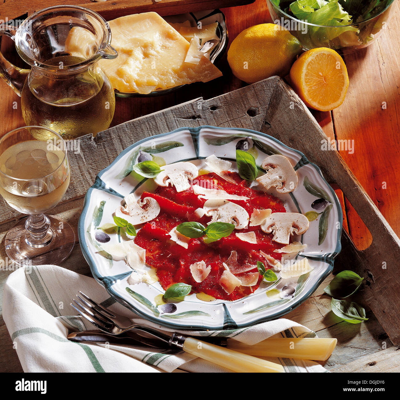 Beef carpaccio, paper-thin beef fillet slices, sour olive dressing with ...