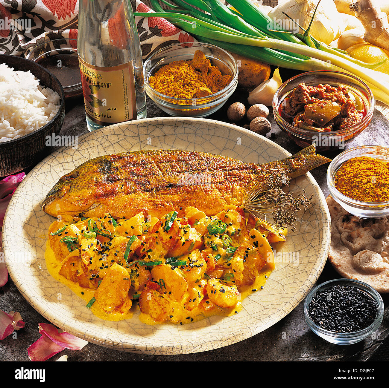 Curried potatoes, fried potatoes with oriental spices, with a delicate ...