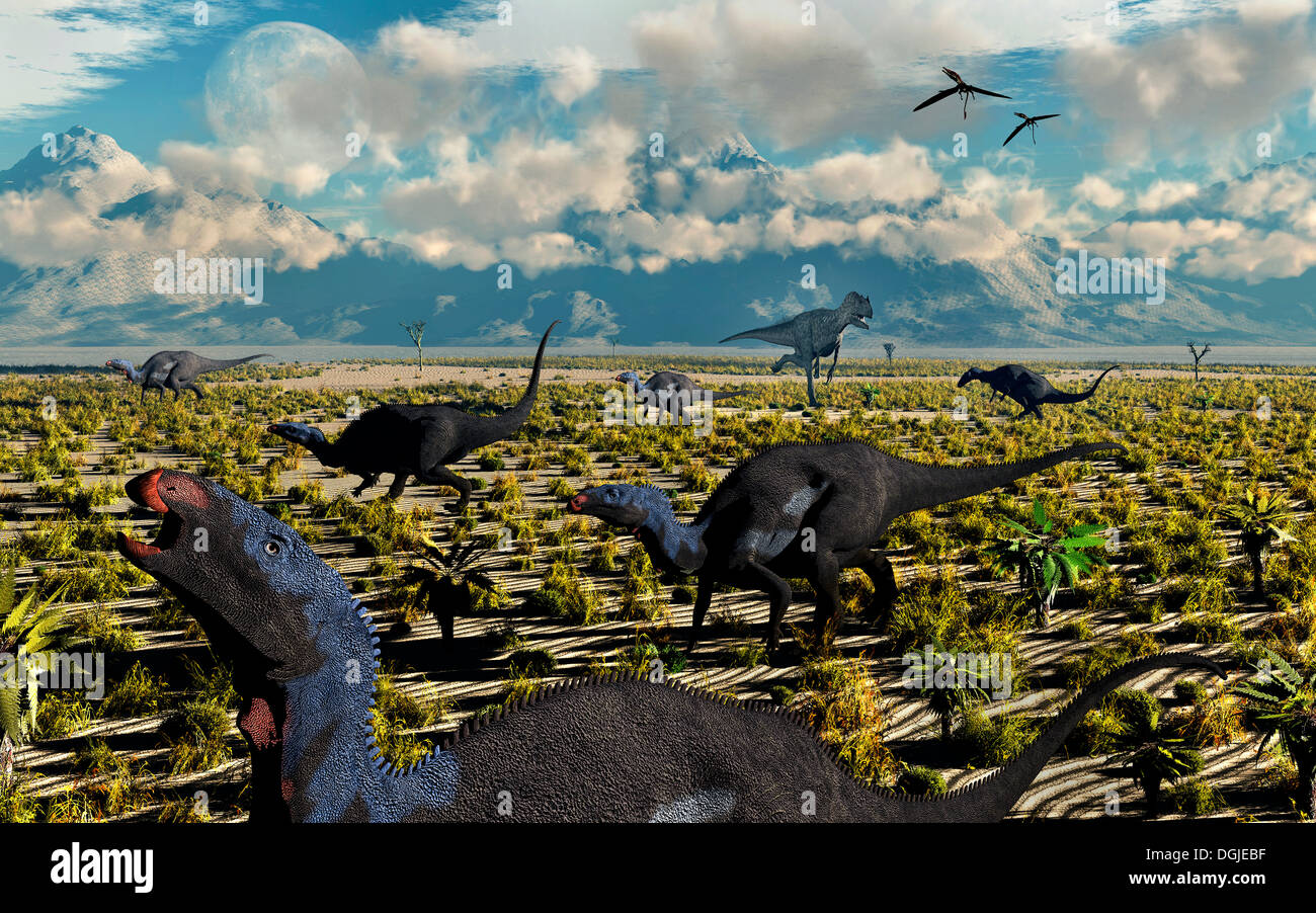 An Allosaurus Attacking A Herd Of Camptosaurus Stock Photo - Alamy
