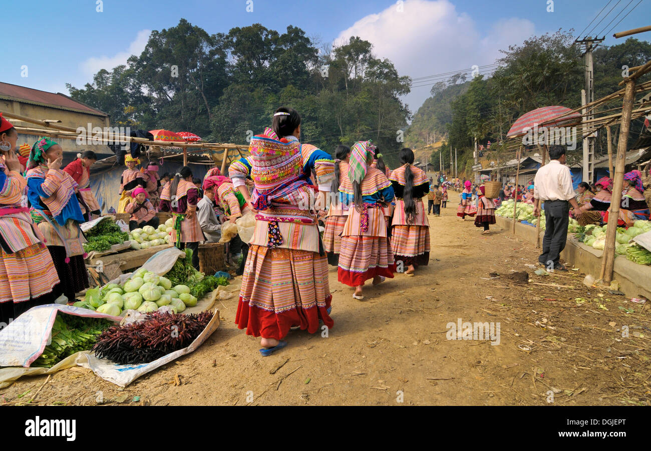 People's market, women in the costumes of the Hmong ethnic minority ...
