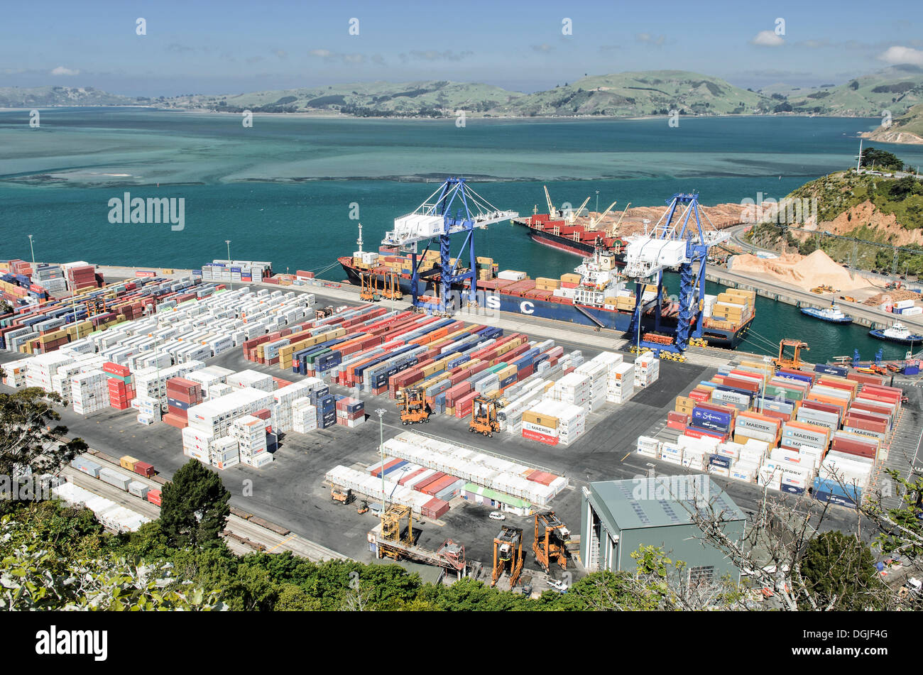 Port Chalmers, cargo port, container terminal, Dunedin, South Island ...