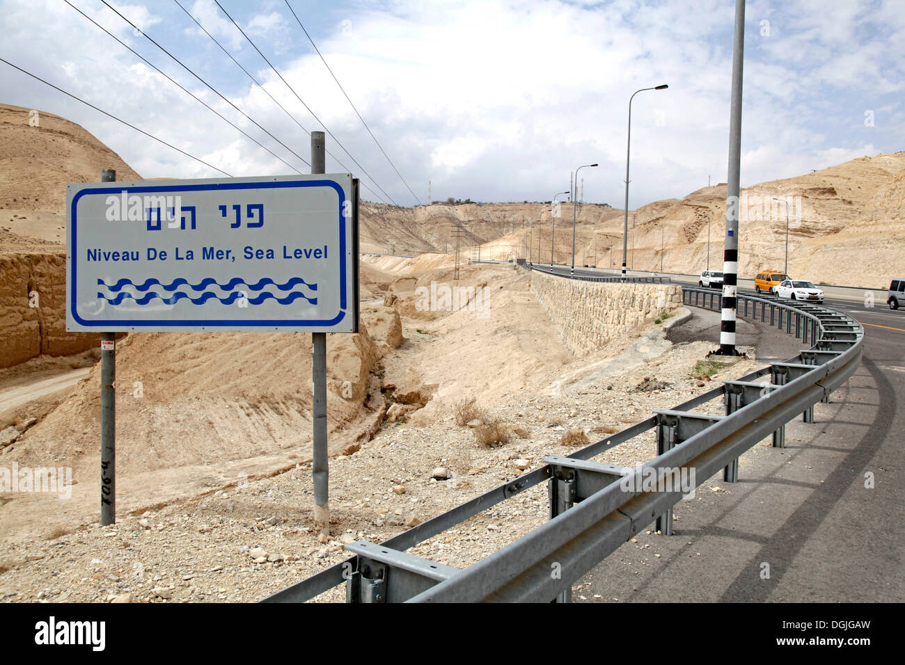 Sign, sea-level indicator, on the road from Jerusalem to the Dead Sea ...