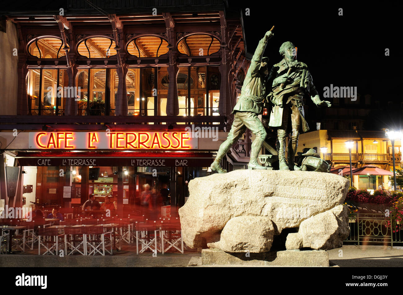 The statue of Saussure and Balmat in Chamonix at night, French Alps ...