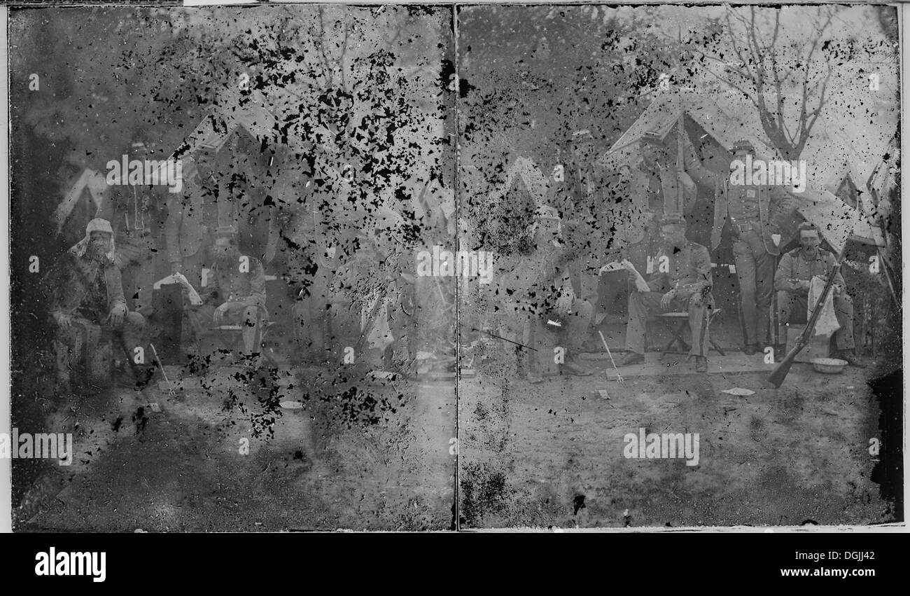 This image shows soldiers at a military tent, capturing a moment of ...