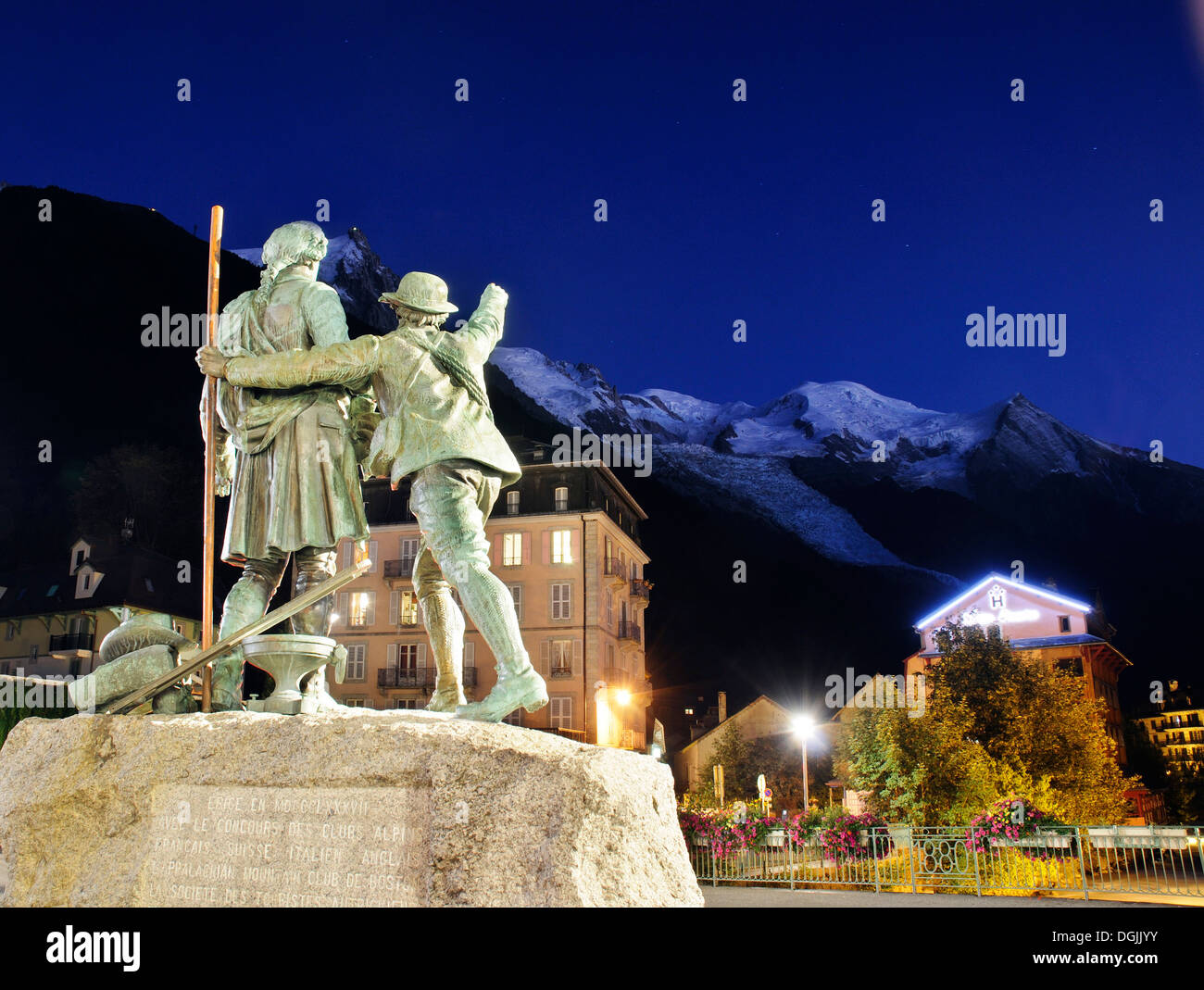 The statue of Saussure and Balmat in Chamonix at night, French Alps ...