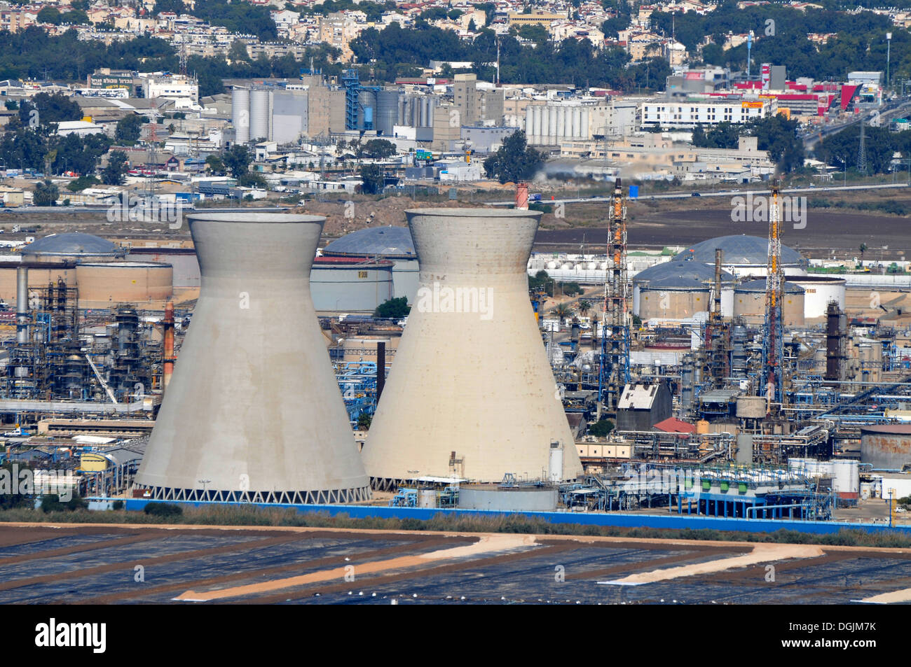 Israel, Haifa bay at night the cooling towers of the oil refinery Stock ...