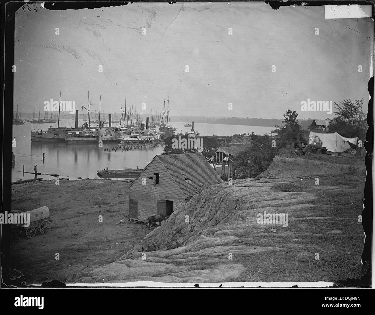 This historical image shows a landing at City Point, Virginia, during ...