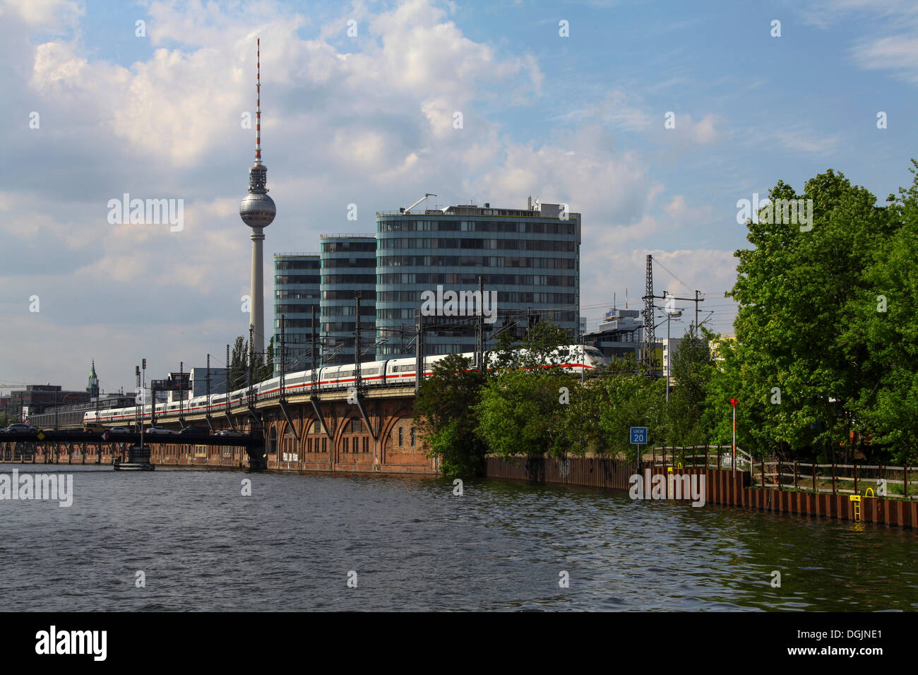 Television tower at Alexanderplatz square, viewed across the Spree ...