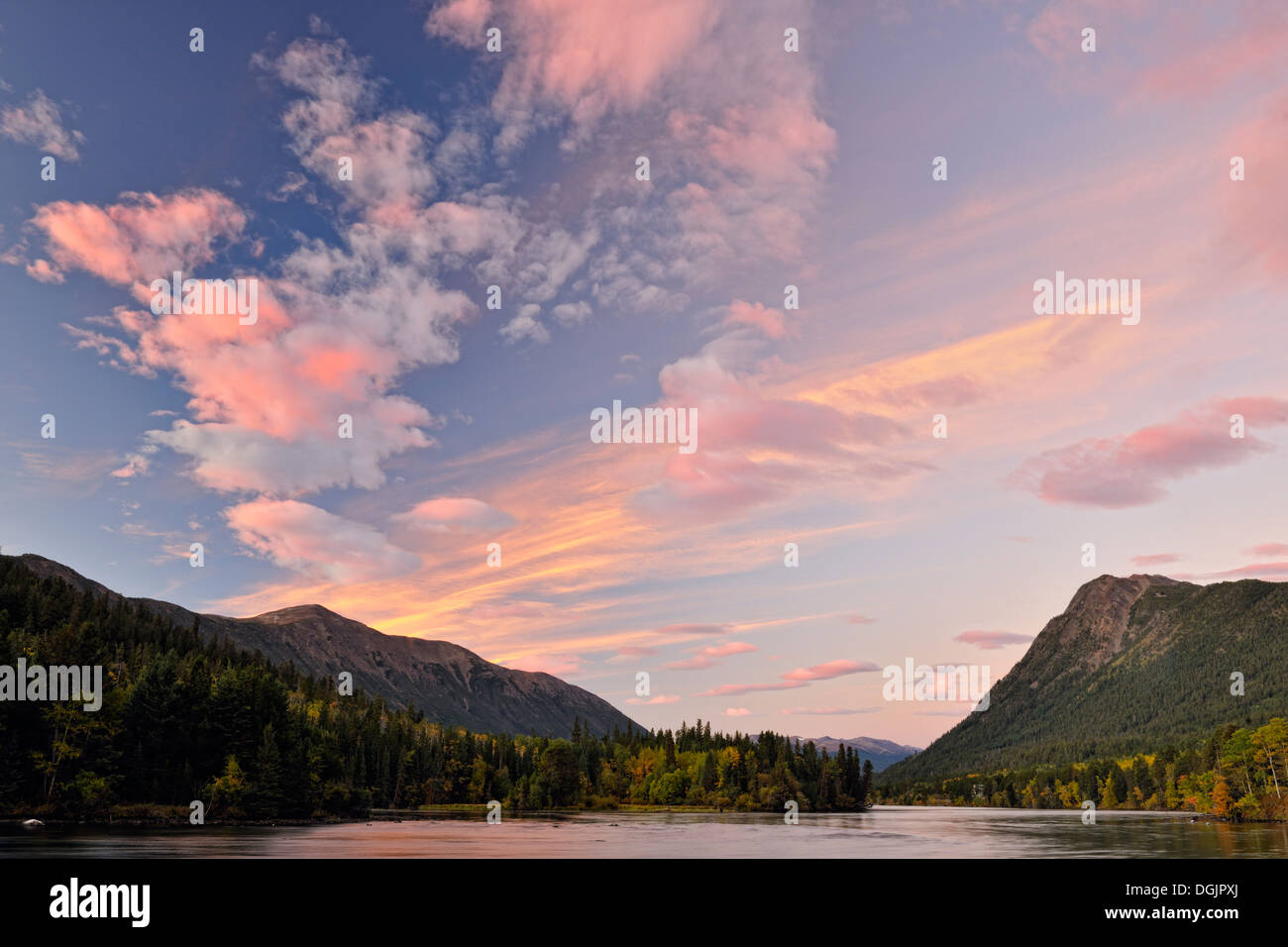 Dawn skies over the Chilko River in early autumn Chilcotin Wilderness ...