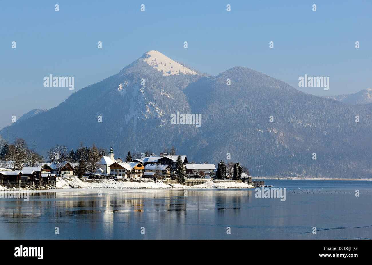 Walchensee Lake with the village of Walchensee, Mount Jochberg at back ...