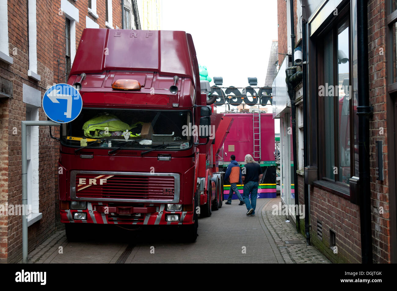 Fairground vehicles parked in Banbury town centre, Oxfordshire, UK ...