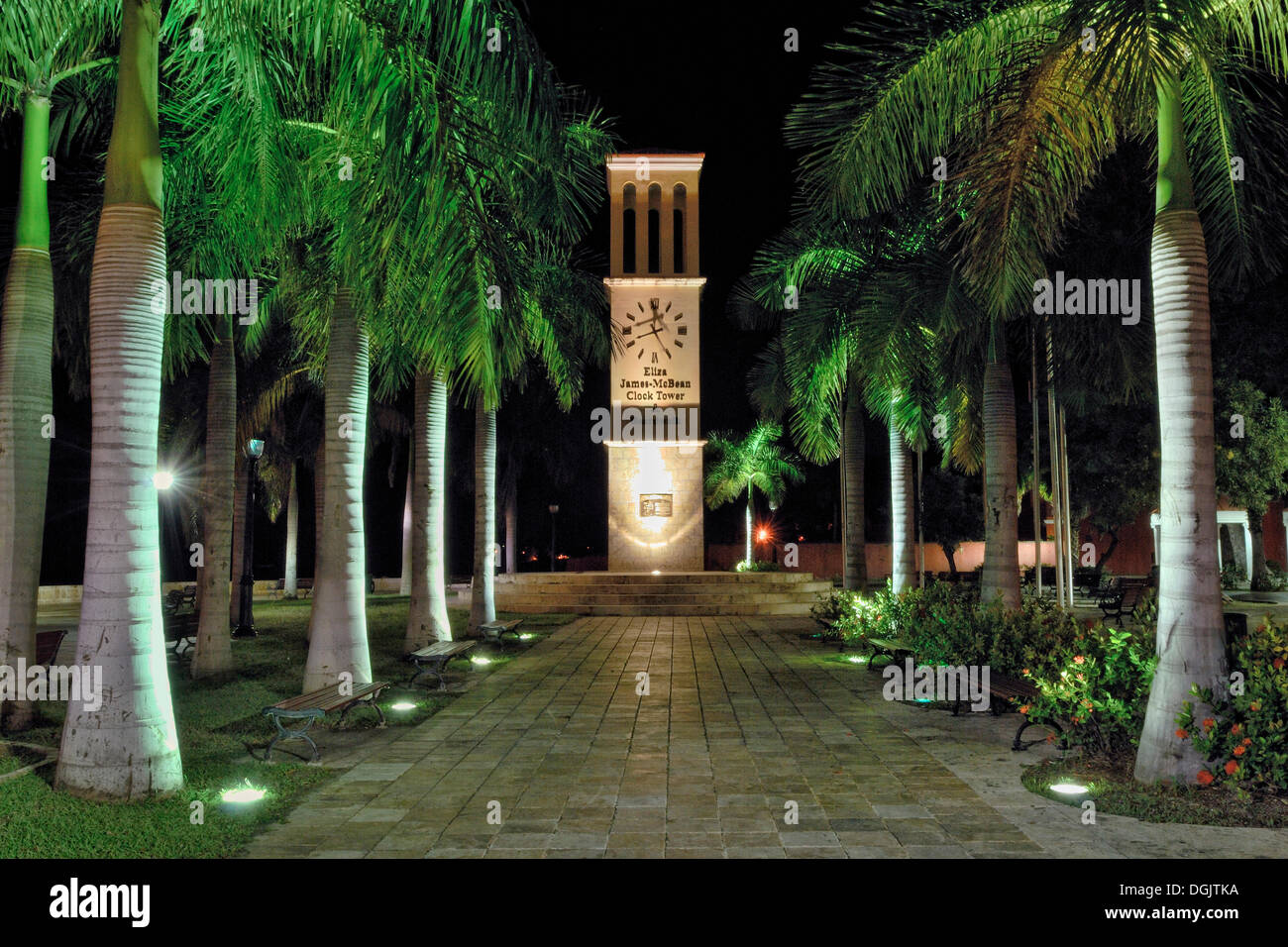 McBean Clock Tower with nocturnal illumination, Frederiksted, St. Croix ...
