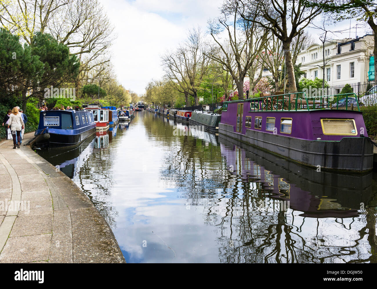 Canal boats moored at Little Venice in London Stock Photo - Alamy
