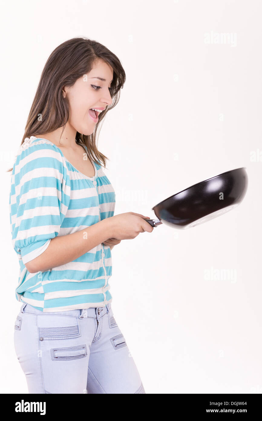 beautiful woman with frying pan isolated on white background Stock ...