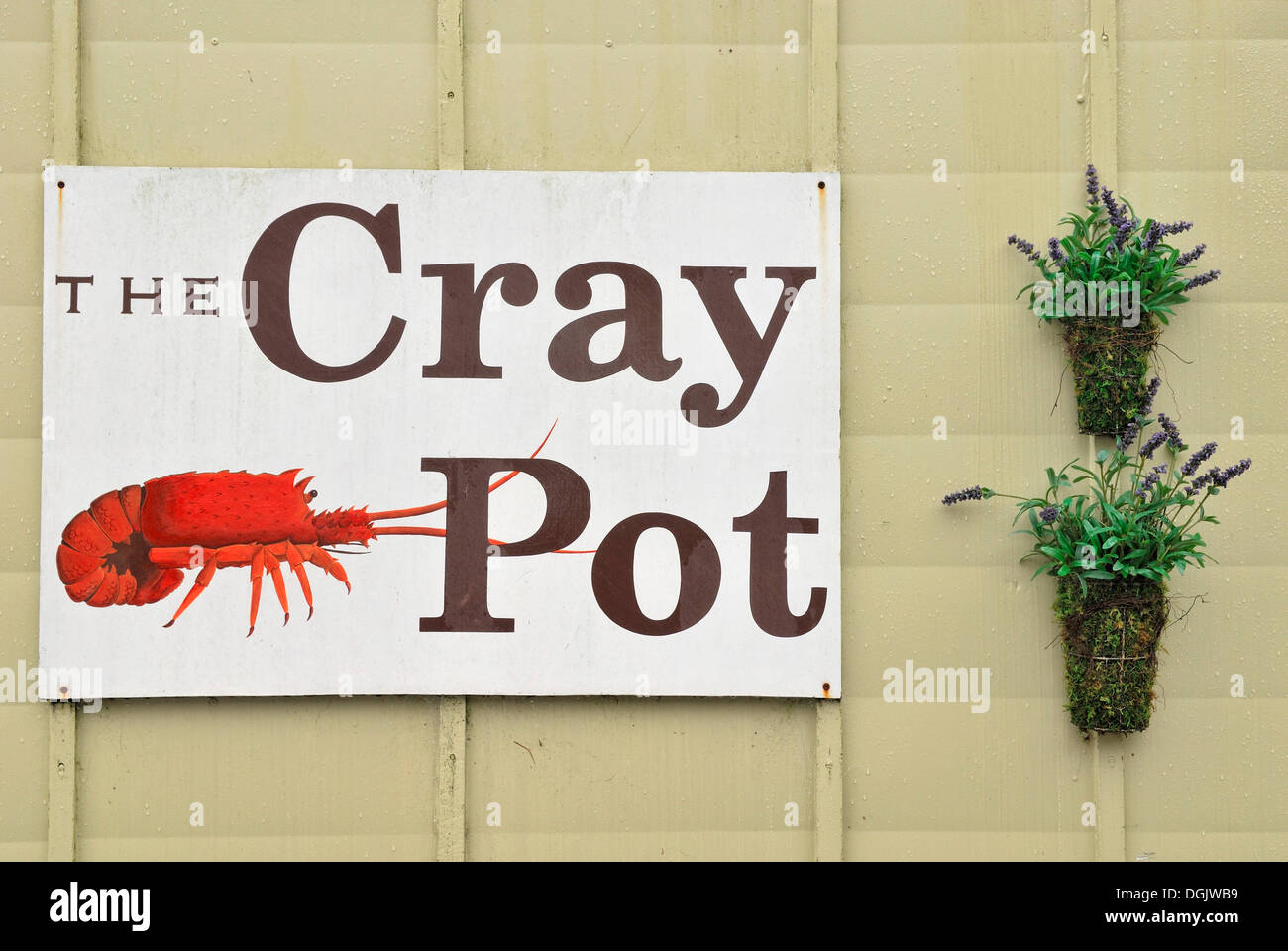 The Cray Pot, sign for a lobster restaurant, Jackson Bay, Tasman Sea ...